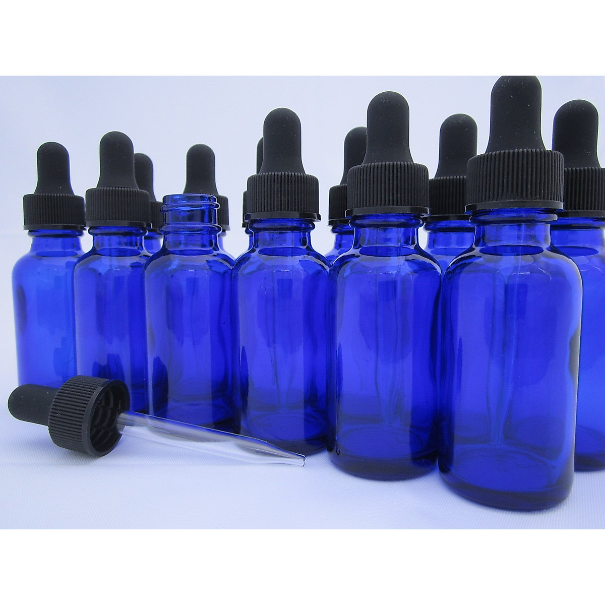 DropperStop™ 1oz Cobalt Blue Glass Dropper Bottles (30mL) with Tapered Glass Droppers - Pack of 12