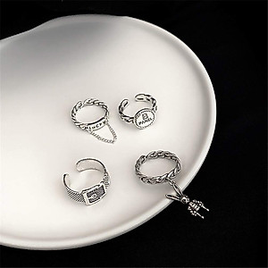 Adjustable Belt Buckle Rabbit Engraved Lucky B Chain Rings Set Silver For Women Goth Viking Kpop Punk Vintage Open Stackable Ring Set For Daughter Mom Jewelry