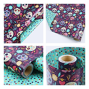 LaRibbons Day of The Dead Reversible Wrapping Paper Roll with Purple Pom Pom, 17 Inch X 33 Feet (47sq.ft.ttl.) Skull Gift Wrap Paper for Dia De Los Muertos, Halloween Decoration, Mexican Fiesta Party
