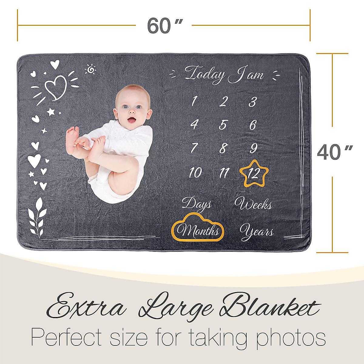 ONE4ONE Safety Grey Baby Monthly Milestone Blanket Boy, Girl.Extra Large Baby Milestone Blanket Baby Gifts, Nursery Decor Baby Shower. Newborn Baby Month Blanket. Baby Growth Chart Blanket