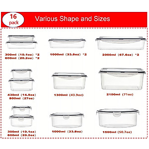 Class Frogs 32 high-capacity food storage containers (16 containers+16 lids), lunch box, bread storage box, pantry and kitchen container, leak proof, BPA free, Transparent, CNTZ-A111