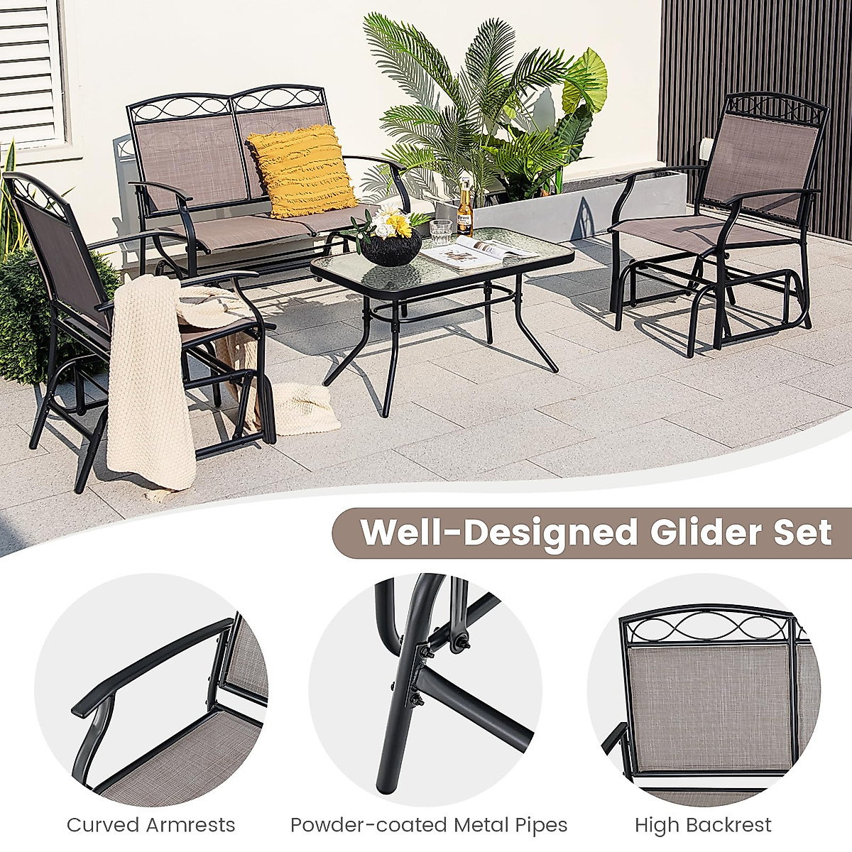 Tangkula 4 Pcs Patio Glider Set, Outdoor Gliding Loveseat w/Tempered Glass Coffee Table, Heavy-Duty Patio Furniture Set for Backyard, Porch, Poolside (4 PCS Patio Glider Set)