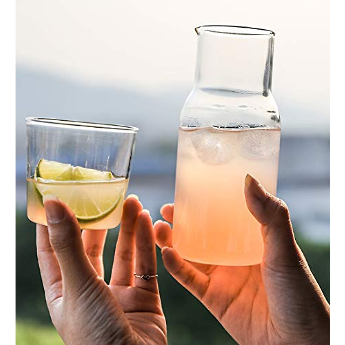 Bedside Water Carafe Set with Tumbler Glass Set Mouthwash Bottle for Bathroom, Bedroom Nightstand, 17oz/500ml(Clear)