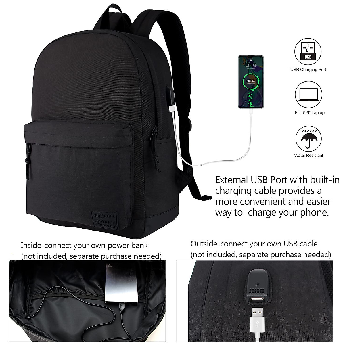 KOPHLY Casual Lightweight Laptop Backpack with USB Charging Port For for Men and Women, School Bookbag for Teens College，Daypack for Short Trip Travel（Carbon Black）