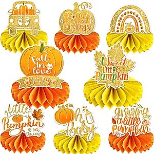 8 PCS Little Pumpkin Baby Shower Decorations Honeycomb Centerpieces Fall Theme Baby Shower Table Decorations Pumpkin Baby Shower Table Toppers for Autumn Thanksgiving Gender Reveal Party Decorations