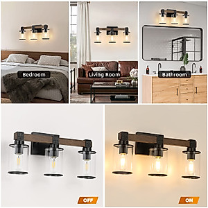 Elegant Wood Bathroom Vanity Light Over Mirror, 3 Lights Farmhouse Lights Fixtures, Rustic Wall Vanity Lighting Fixtures with Clear Glass Shade for Living Room, Bedroom, Hallway