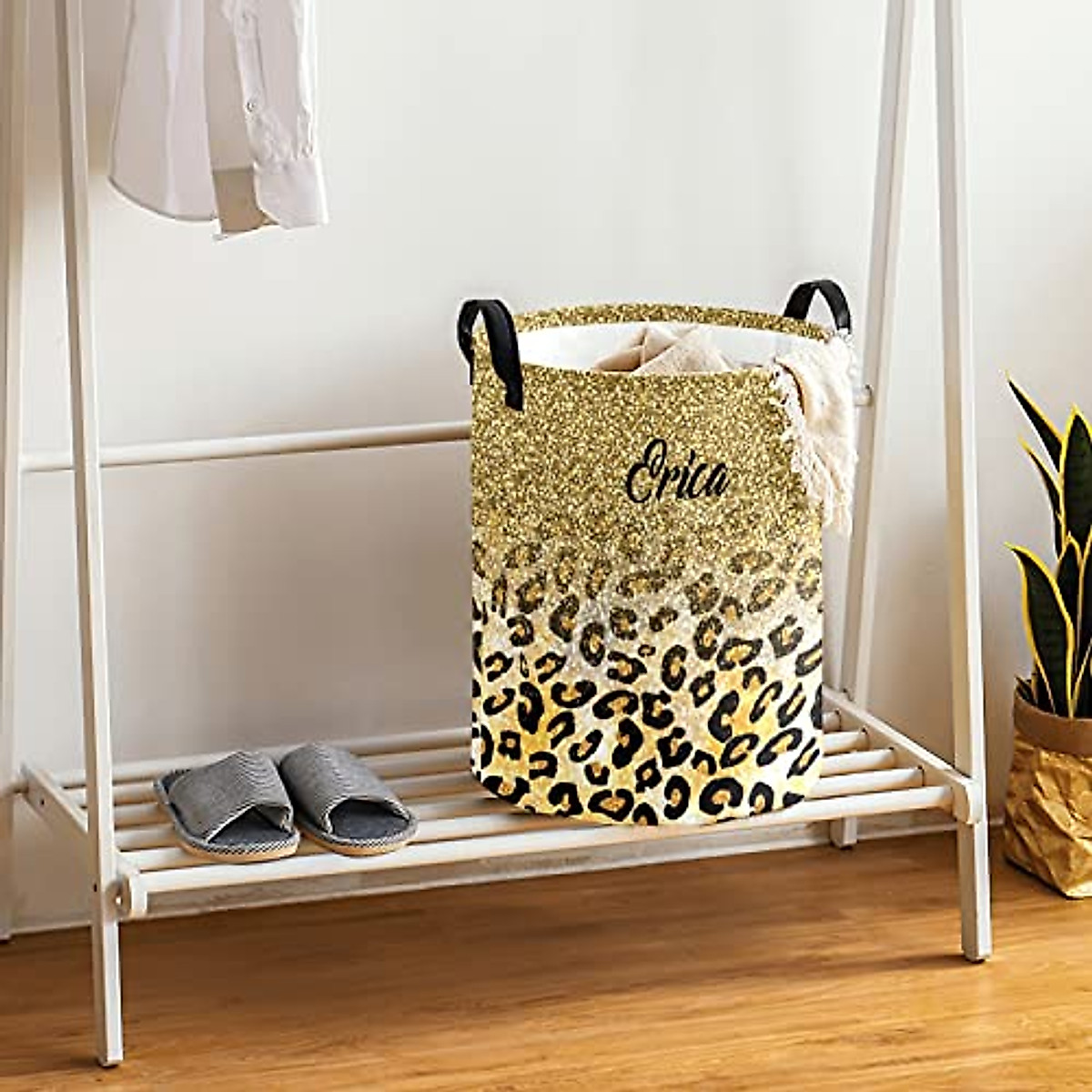 Golden Leopard Print Personalized Waterproof Foldable Laundry Basket Bag with Handle, Custom Collapsible Clothes Hamper Storage Bin for Toys Laundry Dorm Travel Bathroom