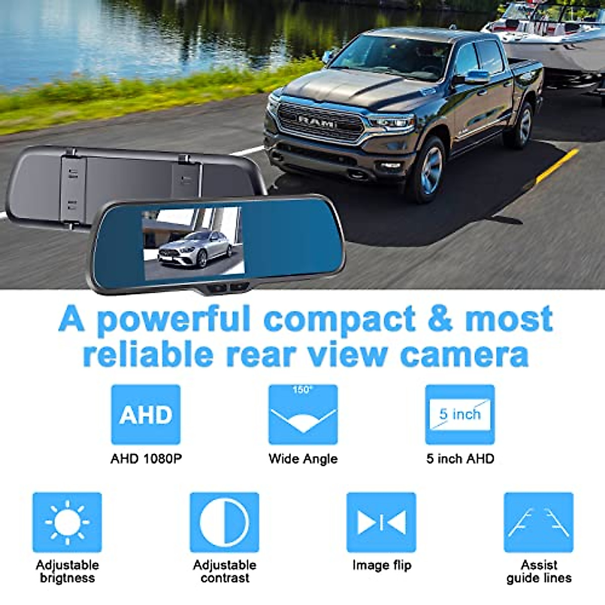 Rohent Backup Camera for Car HD 1080P 5 Inch Monitor Rear View Mirror Camera System Easy Installation Waterproof Real Night Vision for Truck Minivan SUV N01