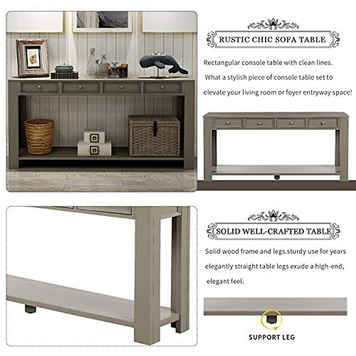 P PURLOVE Console Table for Entryway Hallway Easy Assembly 64" Long Sofa Table with Drawers and Bottom Shelf (64", Antique Grey)