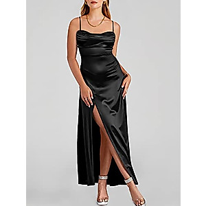 ANRABESS Women Formal Satin Elegant Spaghetti Strap Cowl Neck Bodycon Slit Sexy Prom Cocktail Wedding Guest Maxi Dress Evening Party Graduation Prom Dresses 923heise-S Black