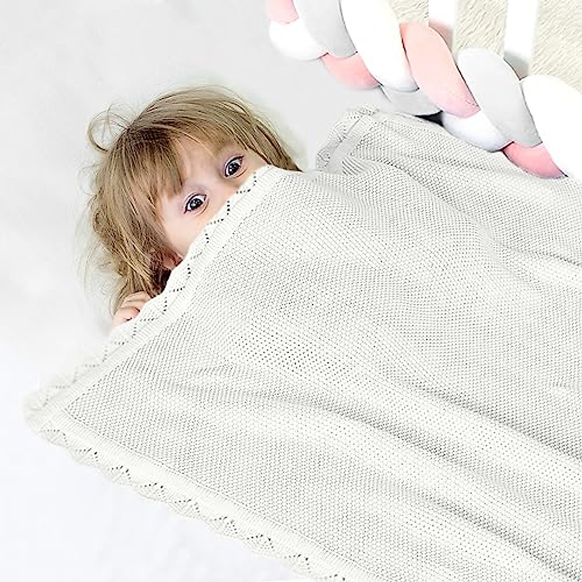 TRENDSTITCH 100% Cotton Baby Blanket Knit Lace Soft Warm Toddler Blanket,30 x 40 Inches，White