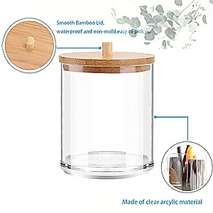 2 Pack Acrylic Qtip Jar Holder with Bamboo Lid,10 oz Cotton Ball Pad Floss Swab Dispenser,Bathroom Clear Jars Canister,Plastic Vanity Organizer for Countertop Storage,Gift