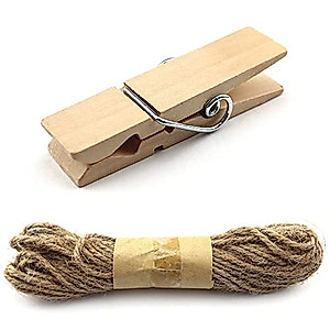 HEEHEE 20 Pack 2.83 Inch Large Wooden Clothespins Strong Spring Durable Natural Wood Texture Heavy Duty Clothes Pins with 33 Feet Jute Twine for Crafts Laundry Photo Hanging