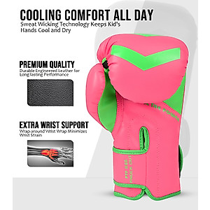 Exxact Sports Knockout Youth Boxing Gloves for Kids (3-15 Years) with Padded Protection and Wrist Support, Durable Engineered Leather Kids Boxing Gloves for Sparring (Pink/Green, 4 OZ)