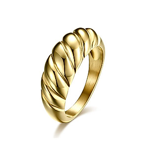 JILIYUPA 14K Gold Plated Croissant Dome Ring Twisted Braided Gold Plated Ring | Chunky Signet Ring, Signet Chunky Dome Ring Stacking Band for Women (Gold, 8)