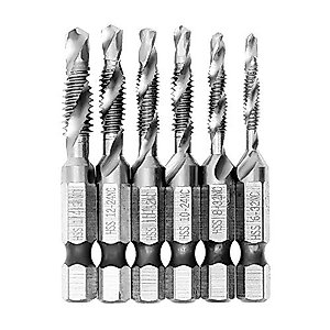 AUTOTOOLHOME 6 Pack Combination Drill and Tap Bit Set 6-32nc 8-32nc 10-32nc 10-24nc 12-24nc 1/4-20nc Screw Tap Drill Bits for Drilling Tapping Countersinking