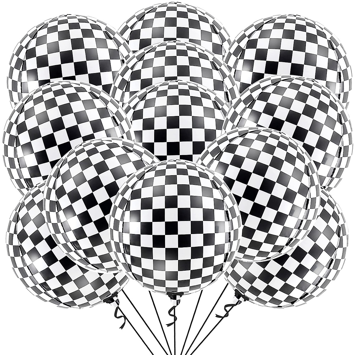 KatchOn, Black and White Checkered Balloons - 22 Inch, Pack of 12 | 4D Race Car Balloons for Emo Party Decorations | Checkered Flag Balloons, Checker Balloons for One Happy Dude Birthday Decorations