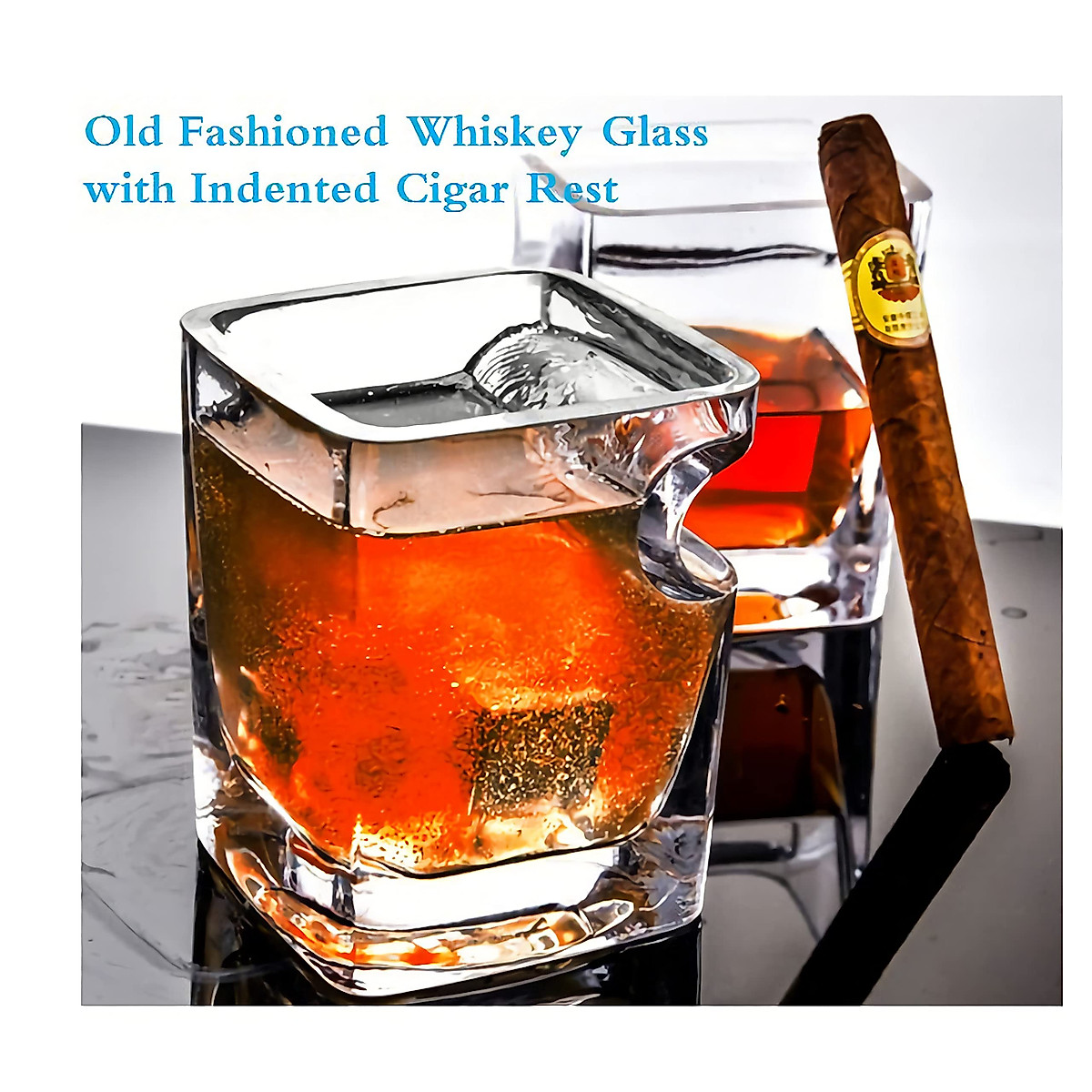 KNC Cigar Whiskey Glass - Old Fashioned Whiskey Glasses - Tumbler With Side Mounted Holder Cigar Rest-Best Accessories & Gifts for Drinking Bourbon and Scotch