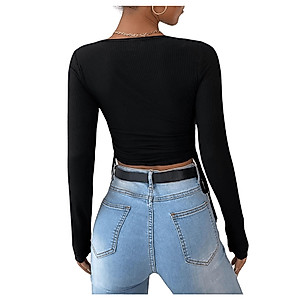 SOLY HUX Long Sleeve Wrap Crop Tops for Women Sexy Ruched V Neck T Shirts Tie Side Fitted Tees Going Out Top Solid Black XS