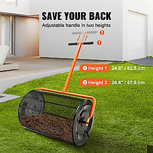 VEVOR Compost Spreader, 24.4-25.6" Height Adjustable Handle, 24" Wide, Lawn and Garden Peat Moss Roller with Side Latches, Powder Coated Steel Mesh Basket for Spreading Manure, Topsoil, Black
