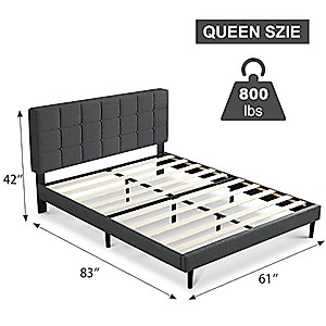 Molblly Queen Bed Frame Upholstered Platform with Headboard and Strong Wooden Slats,Non-Slip and Noise-Free,No Box Spring Needed, Easy Assembly,Dark Gray