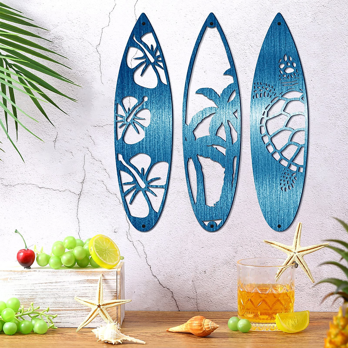 3 Pieces Metal Surf Board Wall Decor Summer Metal Surfboard Beach Signs Tiki Bar Metal Novelty Surfboard Sign Tropical Surf Board Palm Tree Wall Art for Wall and Door Outside (Blue)