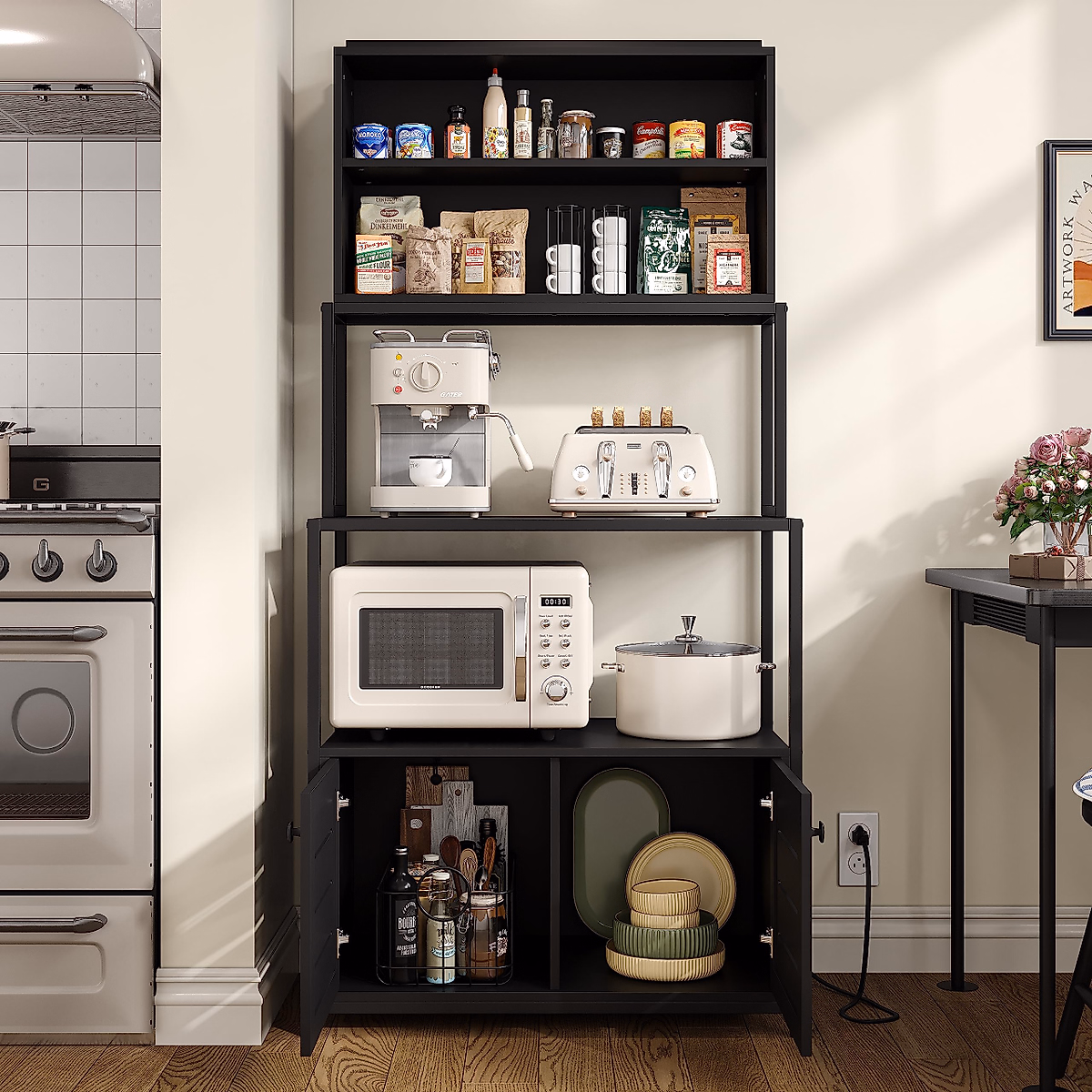 Furniouse 5-Tier Kitchen Bakers Rack with Power Outlet, Industrial Microwave Oven Stand with Shelves, Kitchen Utility Storage Shelf with Cabinet, Standing Kitchen Storage Rack,Black