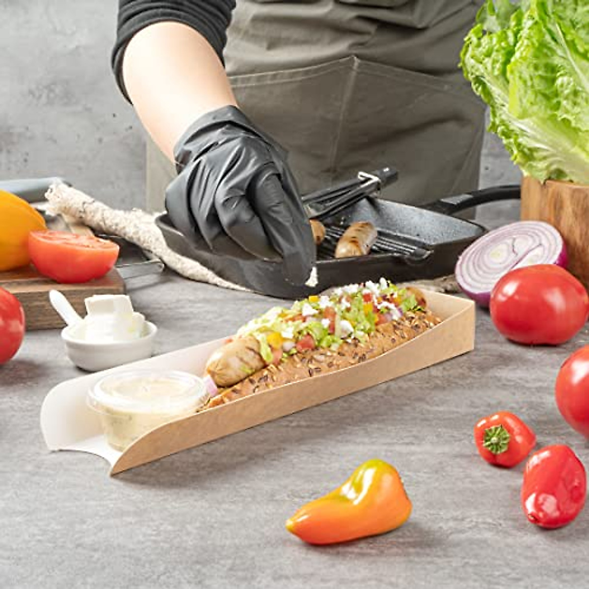 Restaurantware Bio Tek 11.8 x 2 x 1.3 Inch Hot Dog Trays 200 Open-Design Hot Dog Containers - Greaseproof Recyclable Kraft Paper Hot Dog Serving Trays