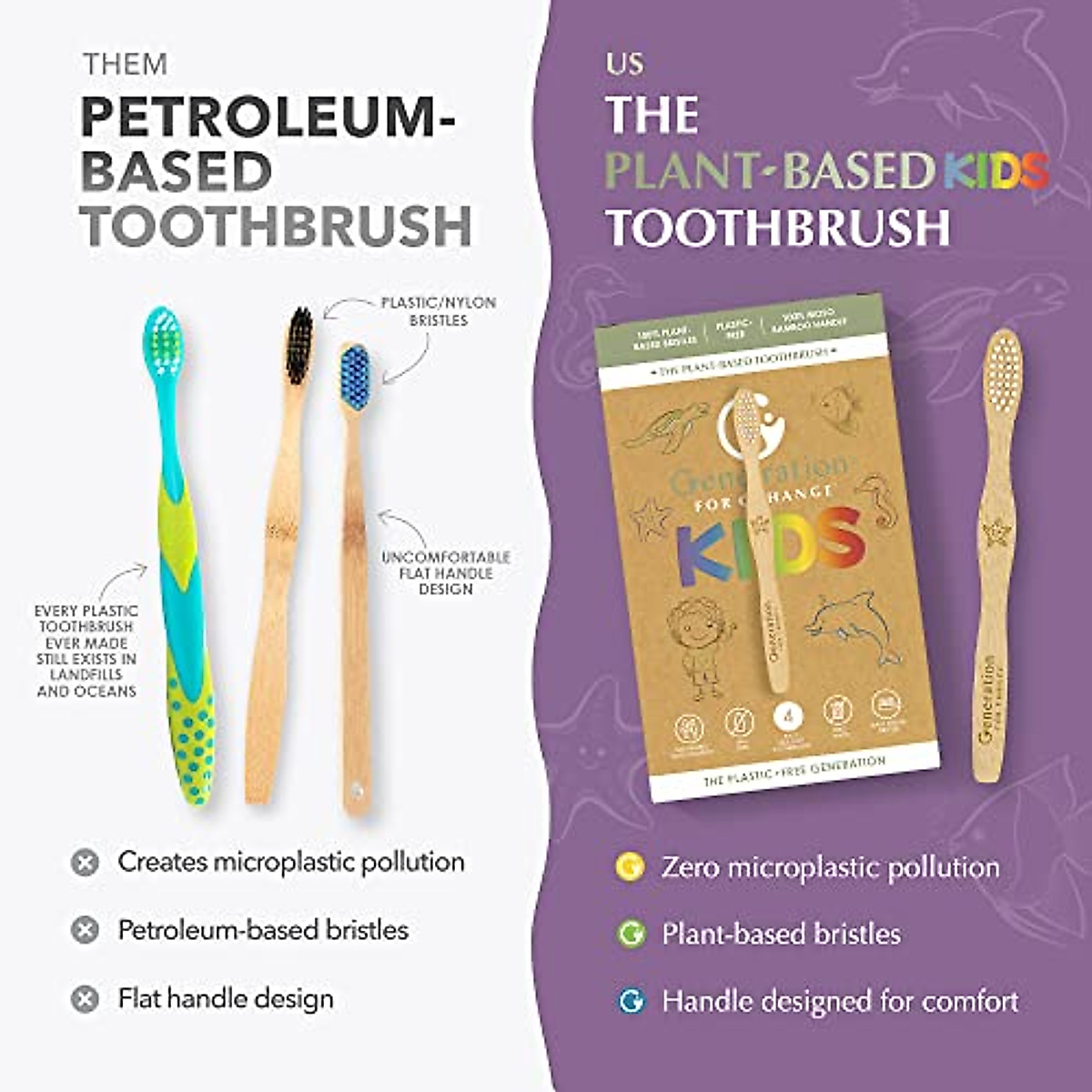 Generation For Change The Plant Based Kids Toothbrush 4 Pack Soft Sustainable Bamboo Toothbrushes | Biodegradable Plastic Free Bristles Made from Castor Oil | Eco Friendly | Zero Waste Products