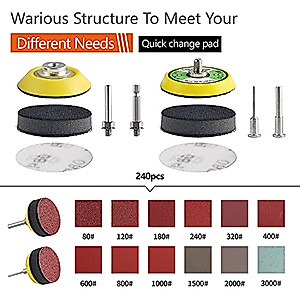 Tshya 240pcs 2inch Sanding Discs Pad Variety Kit for Drill Grinder Rotary Tools Attachment with 2Pcs 1/8"&1/4" Shank Backer Plate, Sanding Pads Includes 80-3000 Grit