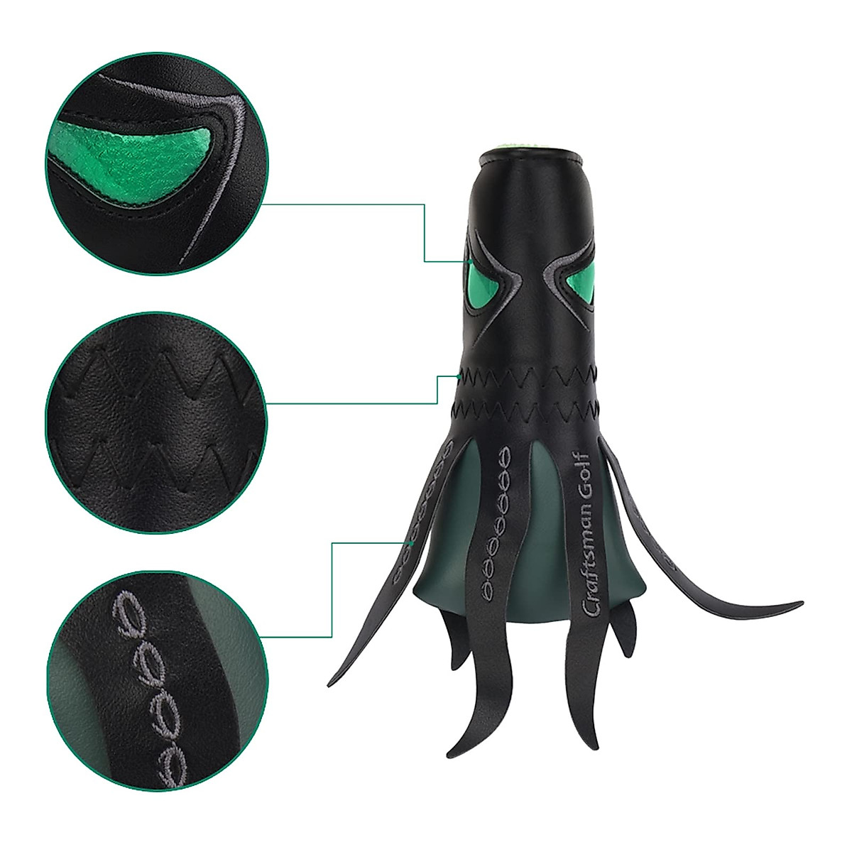 Craftsman Golf Octopus with Green Eyes Long Tail Black Blade Putter Headcover Magnetic Closure