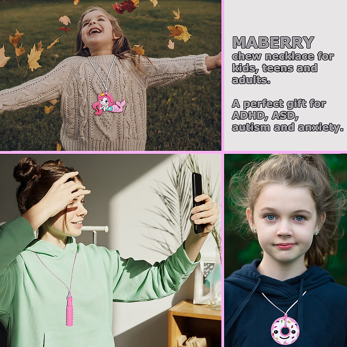 Chew Necklaces for Sensory Kids Adults, 6 Pack Silicone Sensory Chew Toys for Autistic Children with ADHD/SPD/Autism/Anxiety, Pink Chewy Necklace Stim Toy for Teething Chewing Biting Fidgeting