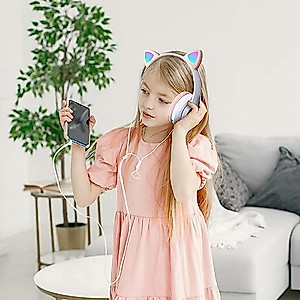 YQ77 Wireless Kids Headphones, Cute Cat Ear LED Light Up Foldable Over-Ear Bluetooth Headphones with Microphone for iPad/Smartphones/PC/Kindle/Tablet/Laptop, Best Gifts for Kids Teens Adults (Purple)