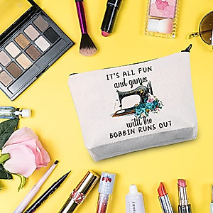 G2TUP Quilter Gift Sewing Cosmetic Bag It's All Fun And Games Until The Bobbin Runs Out Makeup Bag Sewing Lover Gift Quilting Zipper Travel Bag (Bobbin Runs Out White Bag)