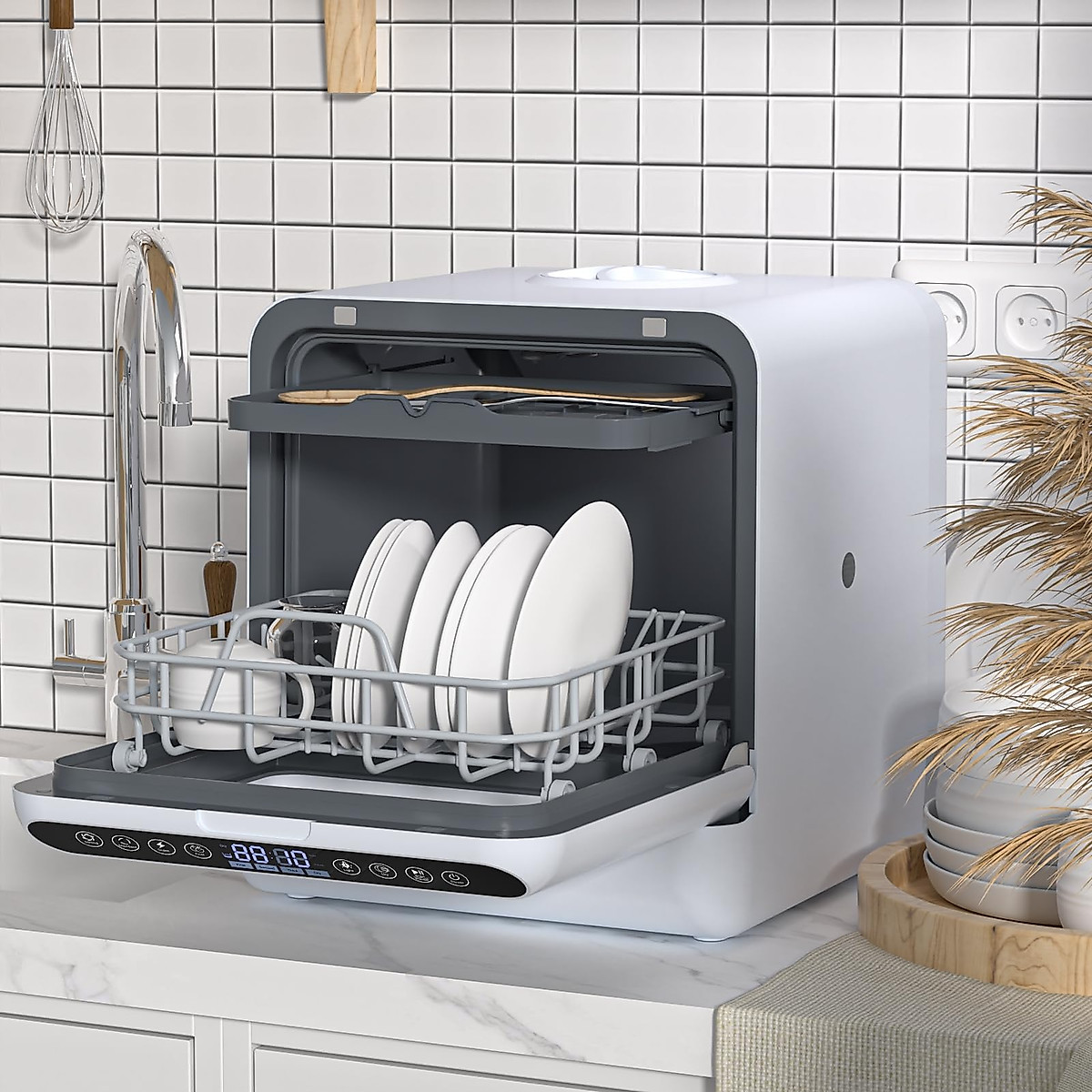 ymtiolze Portable Dishwasher Countertop with 5L Built-in Water Tank, No Hookup Needed, 6 Programs,360° Dual Spray,High-Temp& Air-Dry Function,Mini Dishwasher for RVs White