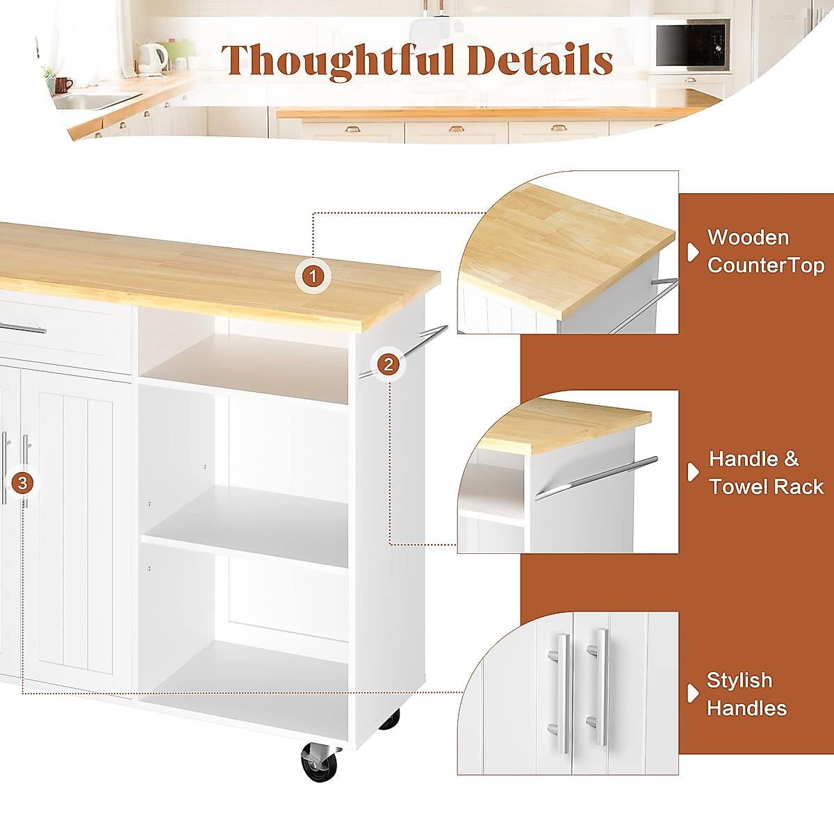 JY QAQA 42" Kitchen Island on Wheels with Storage Cabinet Kitchen Cart Cabinet with Shelves, Cart Handle for Towel Rack or Free Mobility, Portable Islands for Kitchen