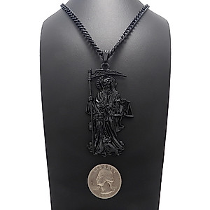 MAXBLING81 Hip Hop Jet Black Saint Death Santa Muerte Charm Pendant & 5mm 24" Cuban Chain Fashion Necklace for Gift, Halloween Party