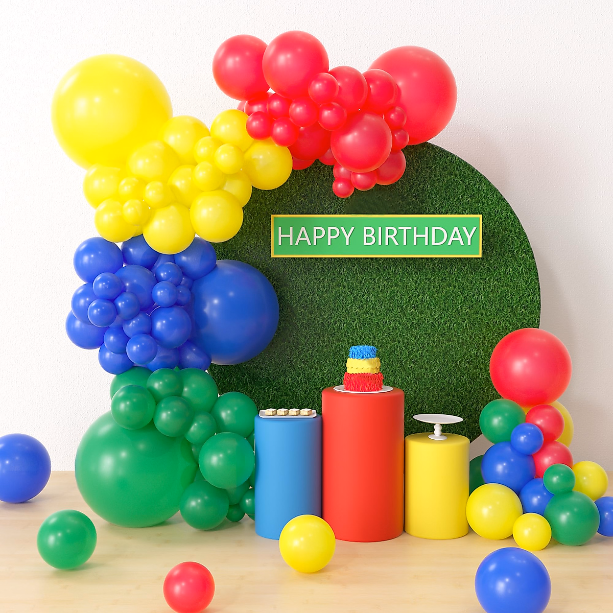 HYOWCHI Cartoon Friends Birthday Party Supplies - 124 Pcs Cartoon Theme Balloon Garland Arch Kit, Red Blue Yellow Green Latex Balloon Arch For Friends Inspired Birthday Party Decorations