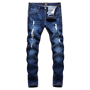 ZLZ Blue Ripped Distressed Jeans for Men Slim Fit, Men's Fashion Design Destroyed Jeans Pants with Holes Stretch Fit Size 34