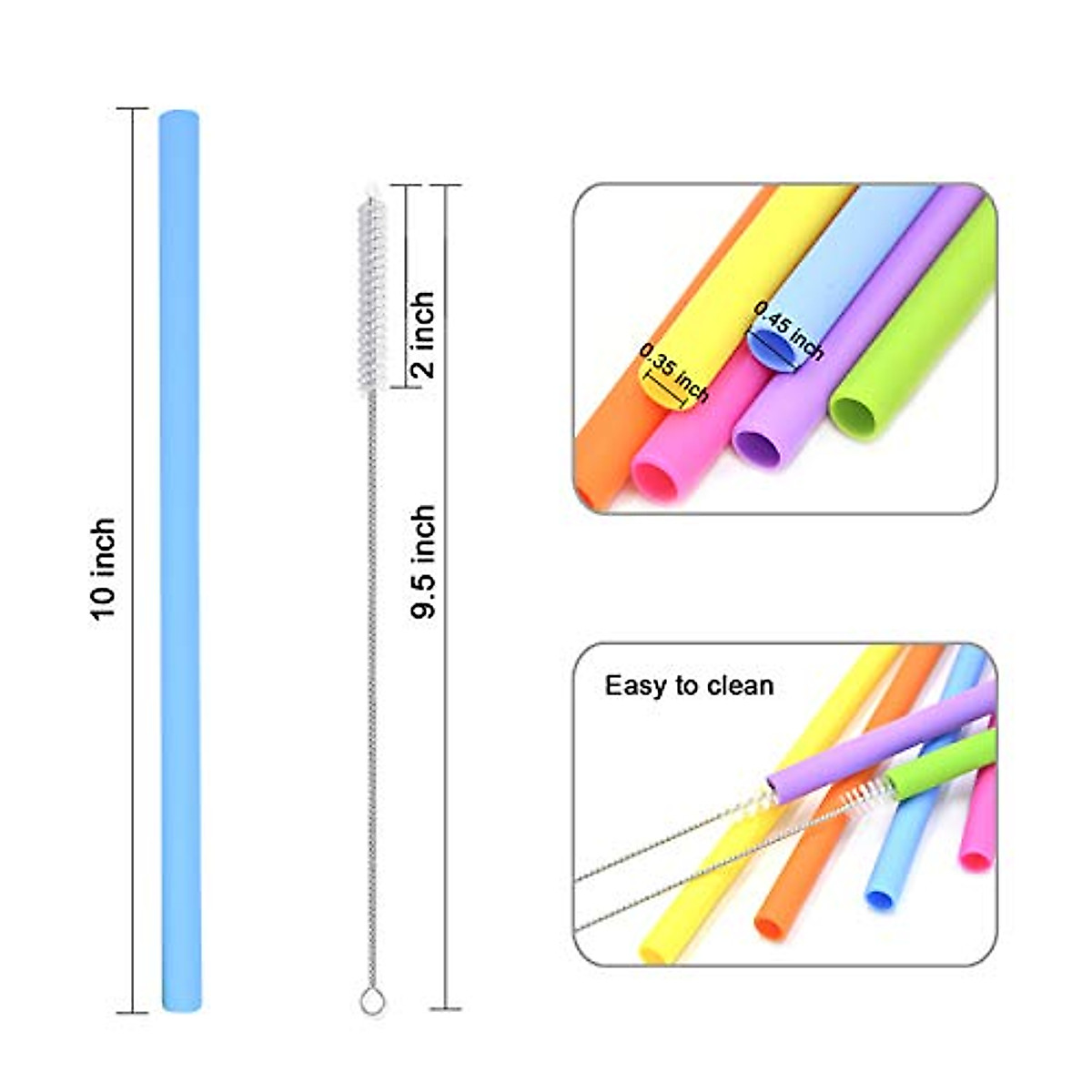 UlikeLF 6 Pieces Reusable Silicone Straws 10 inch Smoothie Drinking Straws BPA Free for 20 & 30 oz Tumbler (6 Straight+ 2 Brushes)