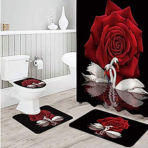 4 Pieces Shower Curtain Bath Rugs Set Romantic Mother's Day Red Rose and Lake Swan Waterproof Bathroom Curtains Non-Slip Floor Doormats Toilet Lid Cover and U Shape Carpet