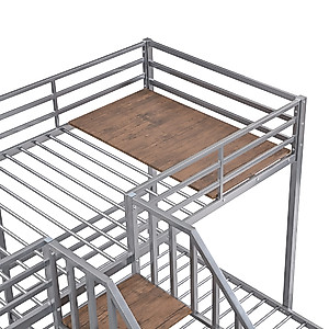 Harper & Bright Designs Metal Triple Bunk Bed with Storage Stairs, Twin Over Twin & Twin Bunk Bed for 3, Bunk Bed with Shelves for Kids Teens Adults, No Box Spring Needed,Silver