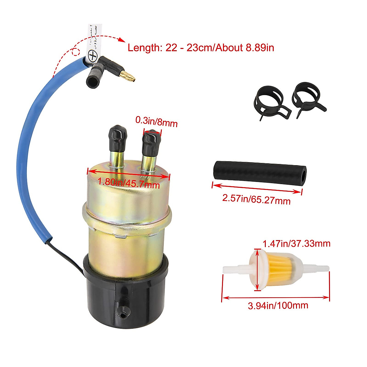 49040-1055 Electric Fuel Pump 12V for Kawasaki Mule Fuel Pump KAF620 Replaces for Kawasaki Mule 3010 3000 3020 2500 2510 2520 1000 (8mm In/Outlet), Mule Fuel Pump