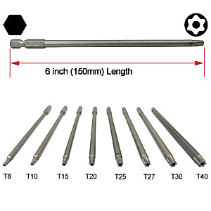 YDLQWCZ Long Torx Security Screwdriver Bit Sets 6 Inch Length T8 T10 T15 T20 T25 T27 T30 T40 S2 Steel Torx Security Head Drill Screw Driver Drill Set (8Pcs Torx Head (150mm)