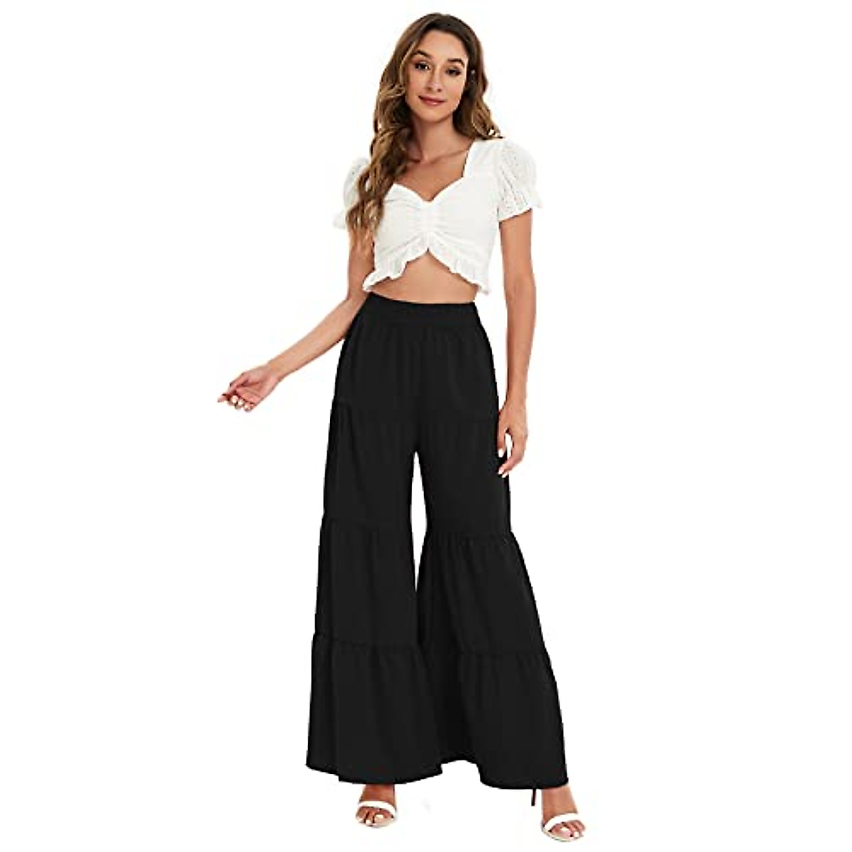 Floerns Women's Boho High Waisted Palazzo Pants Beach Ruffle Wide Leg Flowy Pants Black X-Large