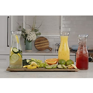 AYL Set of 4 Glass Carafe with Lids, 1 Liter Water Pitcher Beverage Serveware Carafe, Clear Glass Pitcher for Mimosa Bar, Cold Water, Brunch, Wine, Juice, Milk, Iced Tea, Lemonade,1 Hand Pour Lid