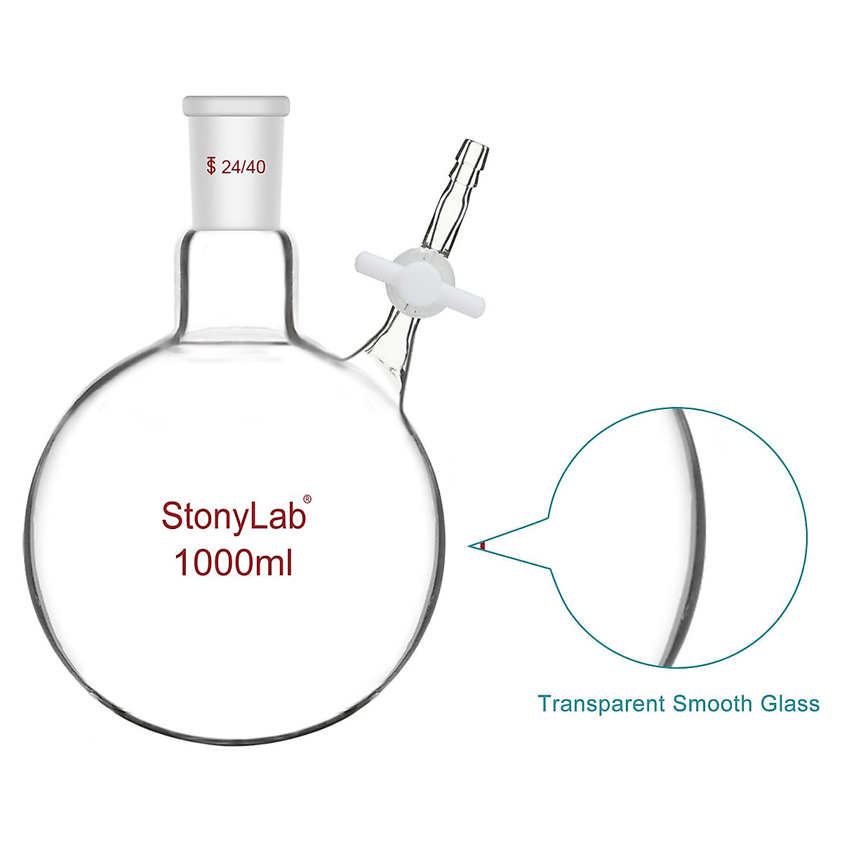 stonylab Reaction Flask, Borosilicate Glass Single-Neck Reaction Flask with 24/40 Joint and PTFE Stopcock Valve Round Bottom Flask, 1000 ml