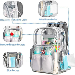 Mancro Diaper Bag Backpack, Clear Baby Bag Heavy Duty Transparent Backpack for Girls Boys, Multifunction Large Travel Backpack Maternity Baby Changing Bags for Mom with Stroller Straps, Grey