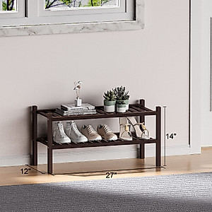 ROMGUAR CRAFT 2 Tier (Thick) Bamboo Shoe Rack for Closet Free Standing Wood Shoe Shelf for Entryway Small Space Stackable 27"x12"x14" (Black Brown)