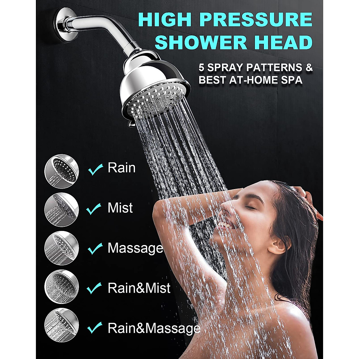 Shower Head High Pressure, Rain Shower Head, 4 Inch Detachable Showerheads, Tool-Free Installation, Automatic Cleaning, 5 Spray Settings, More Water Savings (2.5 GPM)
